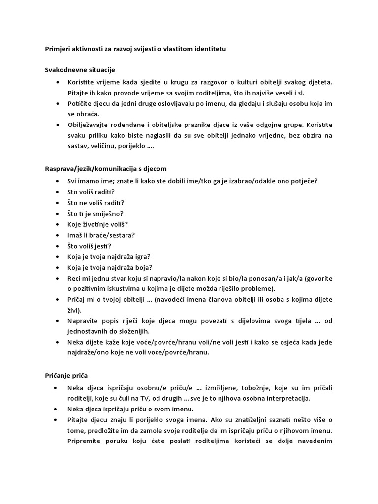 Primjeri Aktivnosti Za Razvoj Svijesti o Vlastitom Identitetu | PDF