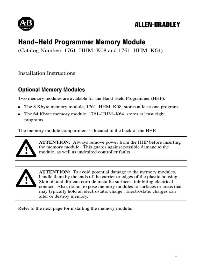 Hand-Held Programmer Memory Module: (Catalog Numbers 1761-HHM-K08 and ...