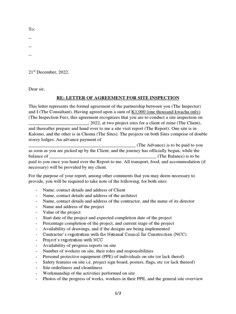 Letter of Agreement for Site Inspection Services at Two Construction ...