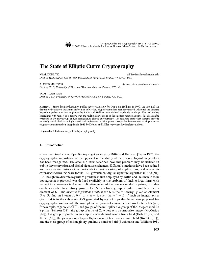 The State of Elliptic Curve Cryptography | PDF | Cryptography | Public Key Cryptography