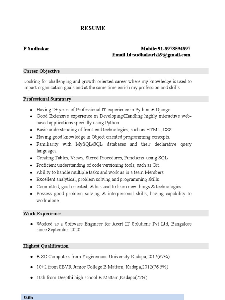 Resume: P Sudhakar Mobile:91-8978594897 | PDF | Sql | Postgre Sql