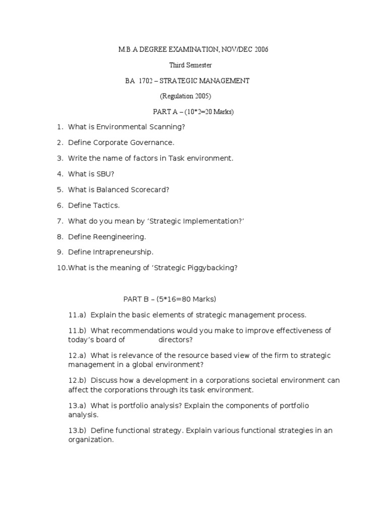 Anna University Strategic Management Question Papers | PDF | Mc Donald ...