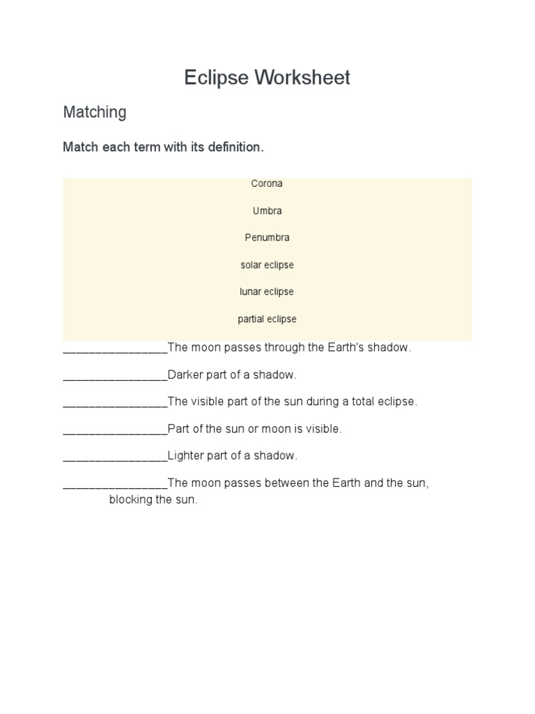 Eclipse Worksheet for Students | PDF | Science & Mathematics