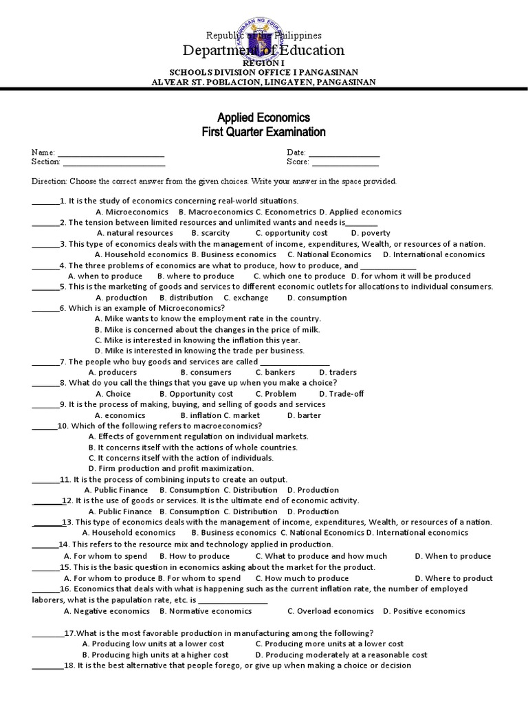 1st-Quarter-Exam Applied Economics | PDF | Economics | Elasticity (Economics)
