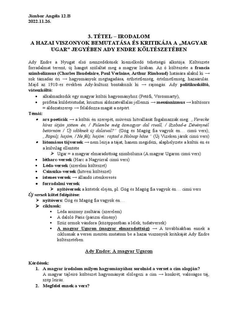 Ady Magyarság Versei 3. Tétel | PDF