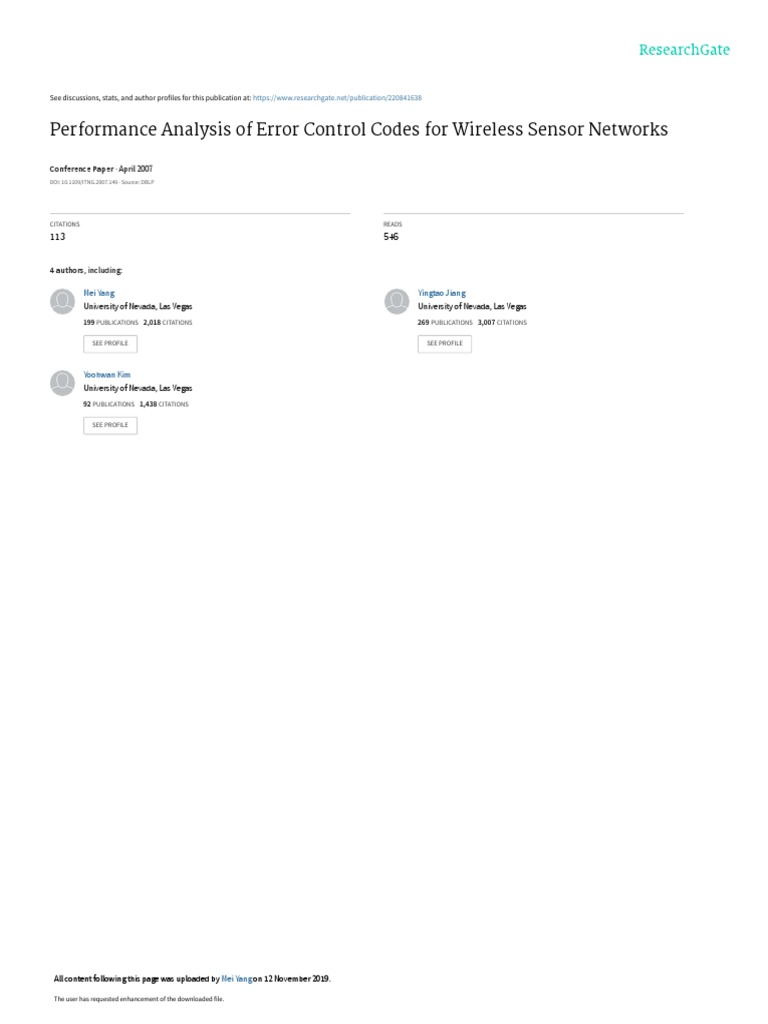 Performance Analysisof Error Control Codesfor Wireless Sensor Networks Pdf Error Detection