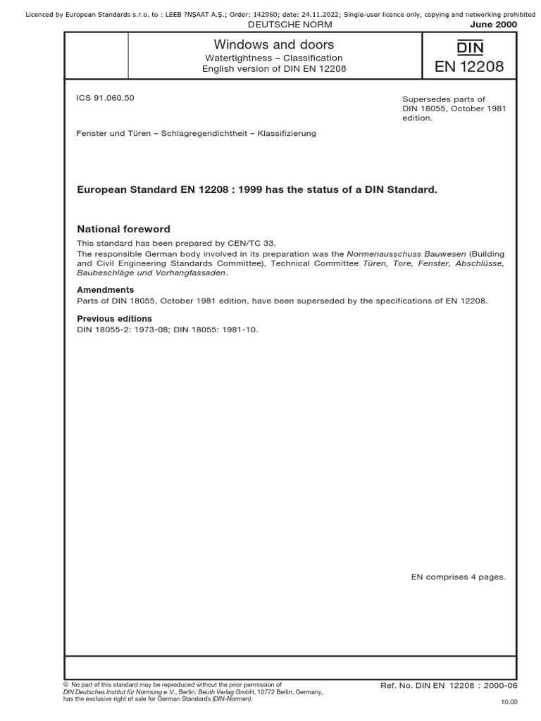 EN 12208-1999 Windows and Doors - Watertightness - Classification | PDF ...