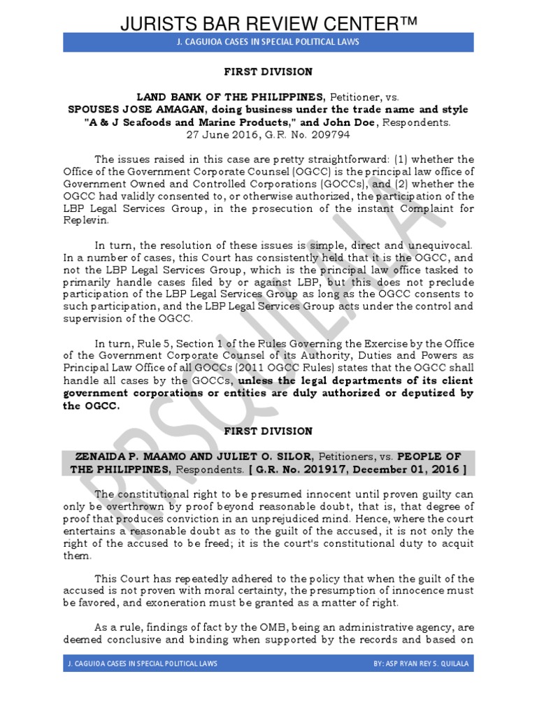 J Caguioa Cases in Special Political Laws by ASP Ryan Rey S Quilala ...