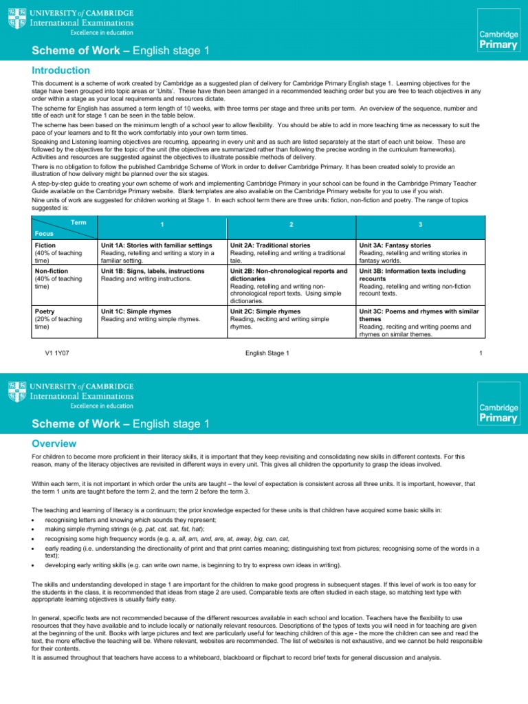 Cambridge Primary English Stage 1 Plan | PDF | Phonics | Literacy