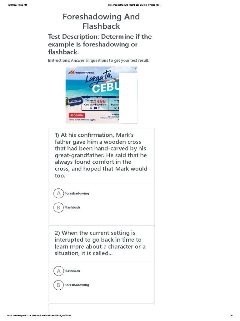 Foreshadowing and Flashback Multiple Choice Test | PDF