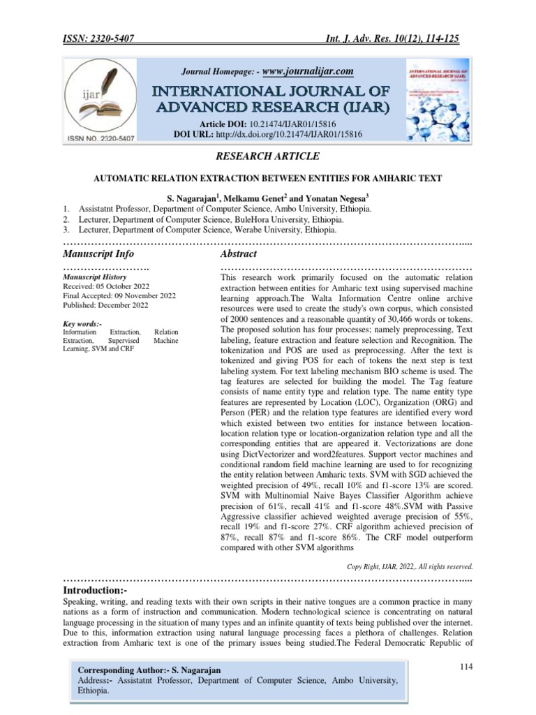Automatic Relation Extraction Between Entities For Amharic Text | Download Free PDF | Machine ...