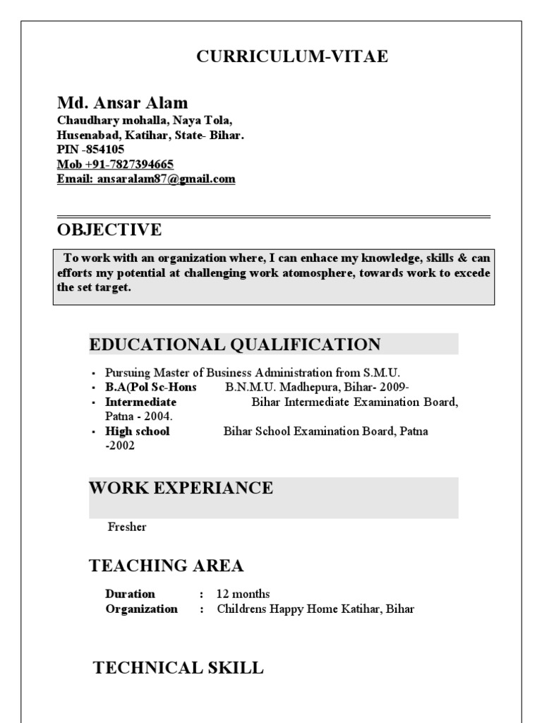 Curriculum-Vitae Md. Ansar Alam: Pursuing Master of Business Administration From S.M.U | PDF