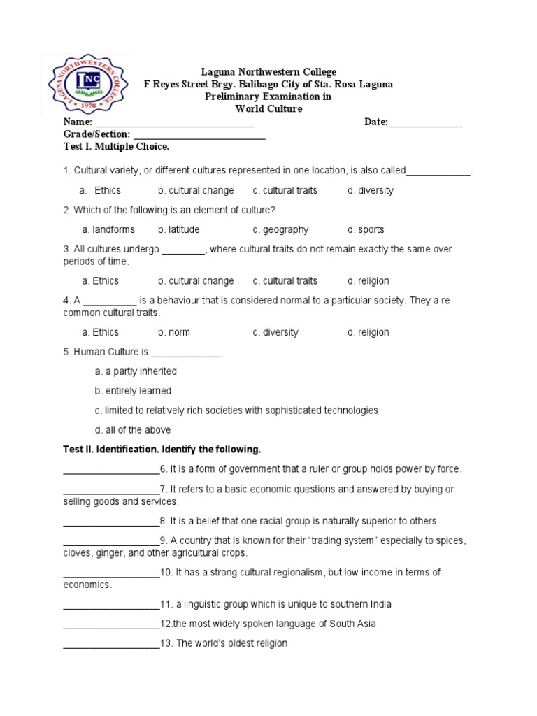 Preliminary Examination in World Culture: A Comprehensive Assessment of ...