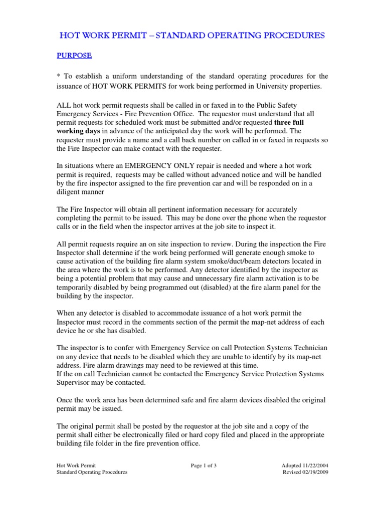 Hot Work Permit For Welding and Cutting Operations S.O.P. | PDF | Smoke ...
