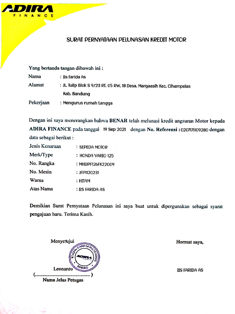 Surat Pelunasan Adira | PDF