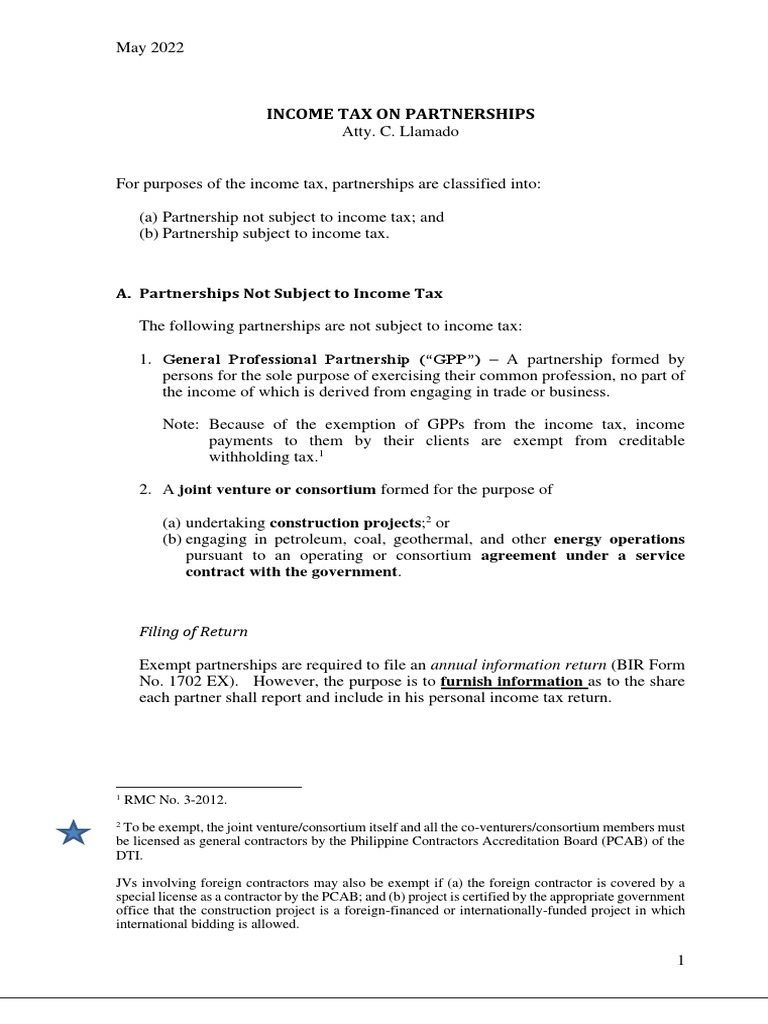 CPAR Tax On Partnerships Batch 91 Handout | PDF | Partnership | Tax Deduction
