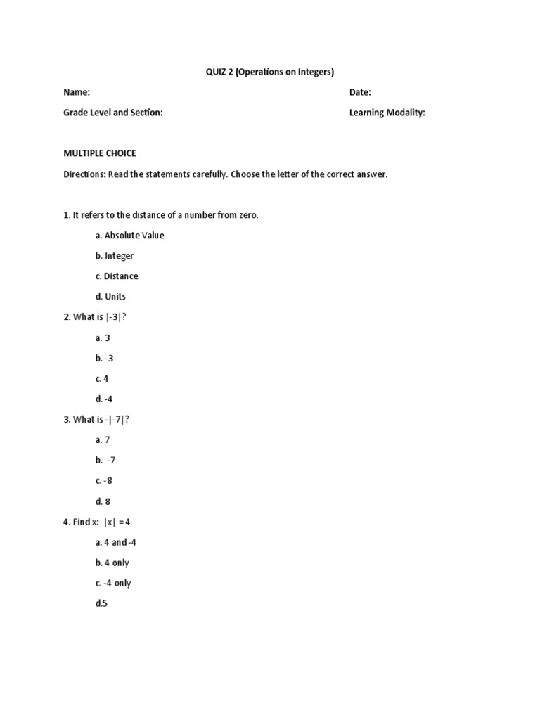 QUIZ Operations On Integers | PDF | Numbers | Elementary Mathematics