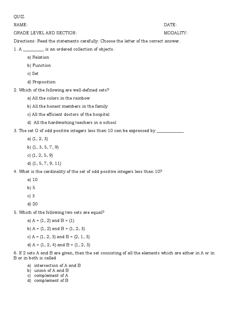 QUIZ Sets | PDF | Set (Mathematics) | Mathematics