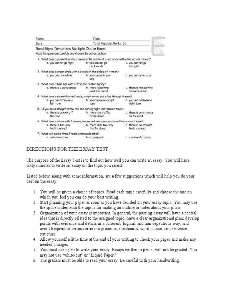 Directions For The Essay Test | PDF