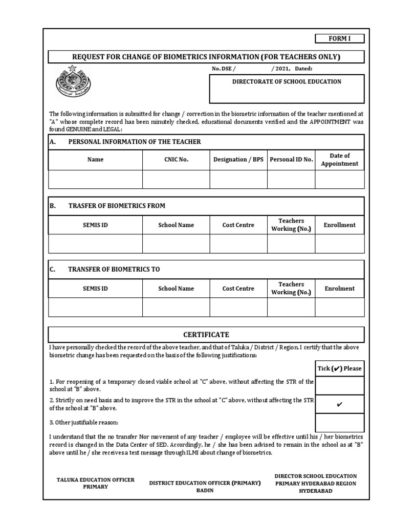 Teacher Biometrics Change Form | PDF | Biometrics | Privacy