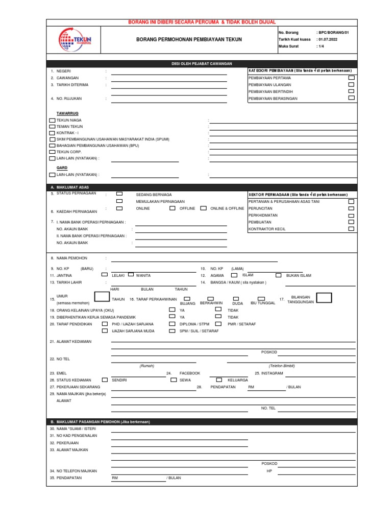 BPC Borang 01 Pindaan 01 Borang Permohonan Pembiayaan Tekun | PDF