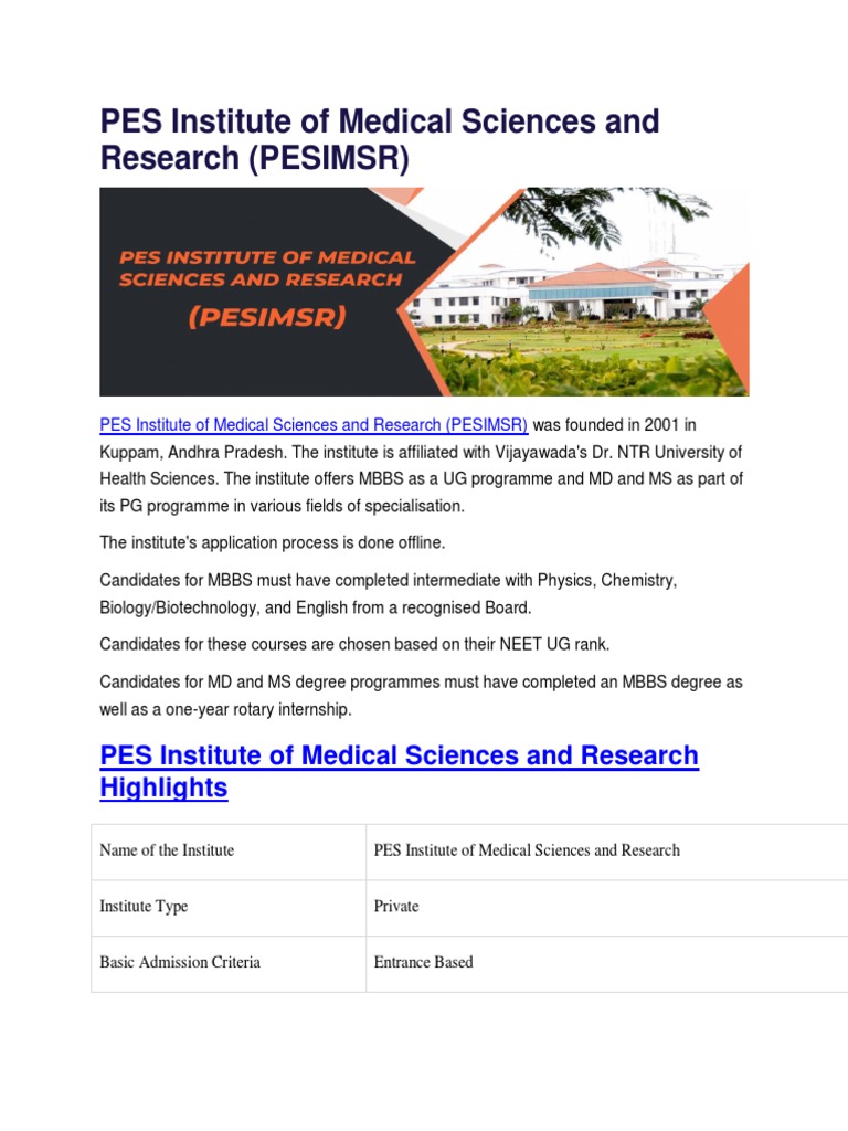 PES Institute of Medical Sciences and Research | PDF | University And ...