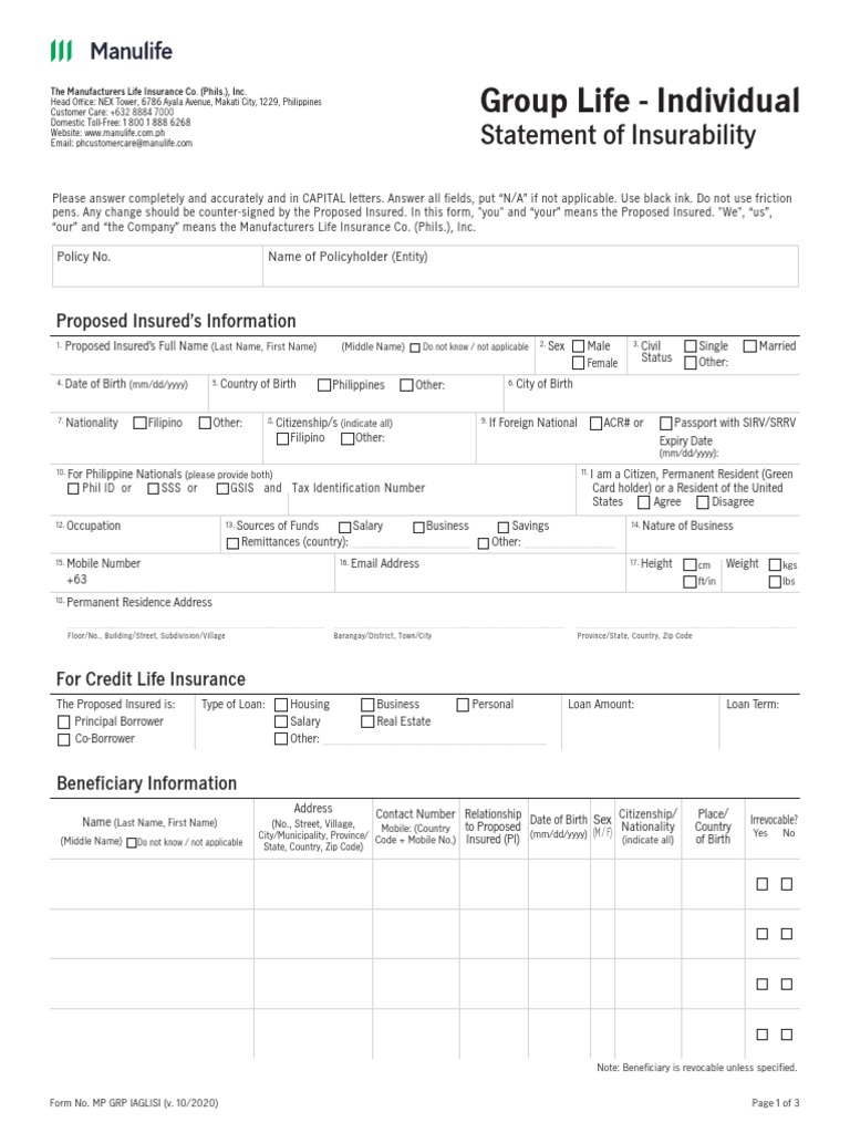 Manulife Application Form | PDF | Insurance | Life Insurance