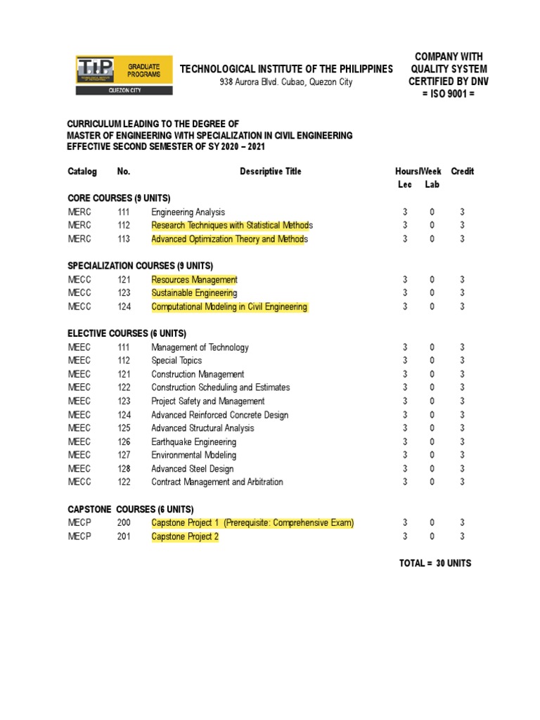Curriculum for Master of Engineering with Specialization in Civil ...