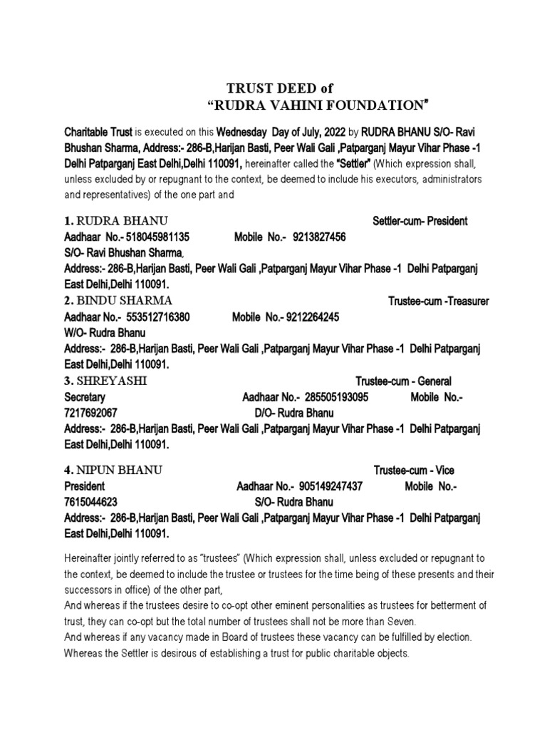Rudra Vahini Foundation trust deed | PDF | Trust Law | Agriculture