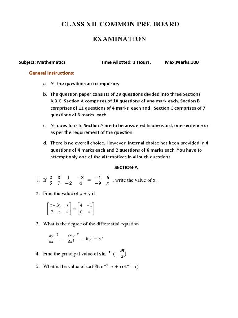 Class Xii-Common Pre-Board Examination: General Instructions | PDF | Plane (Geometry) | Equations