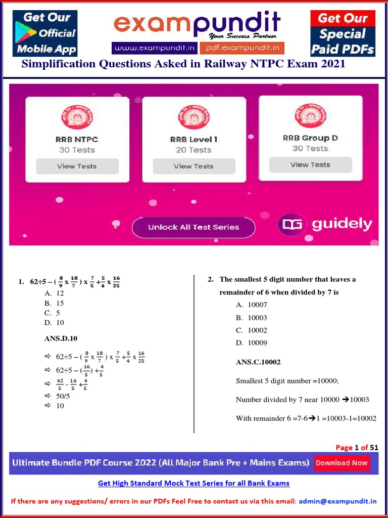 Simplification Questions Asked in Railway NTPC Exam | PDF | Coefficient Of Variation | Numbers