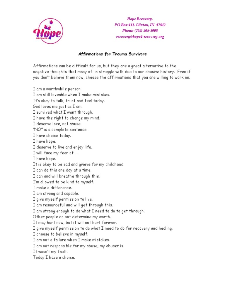 Affirmations for Trauma Recovery | PDF