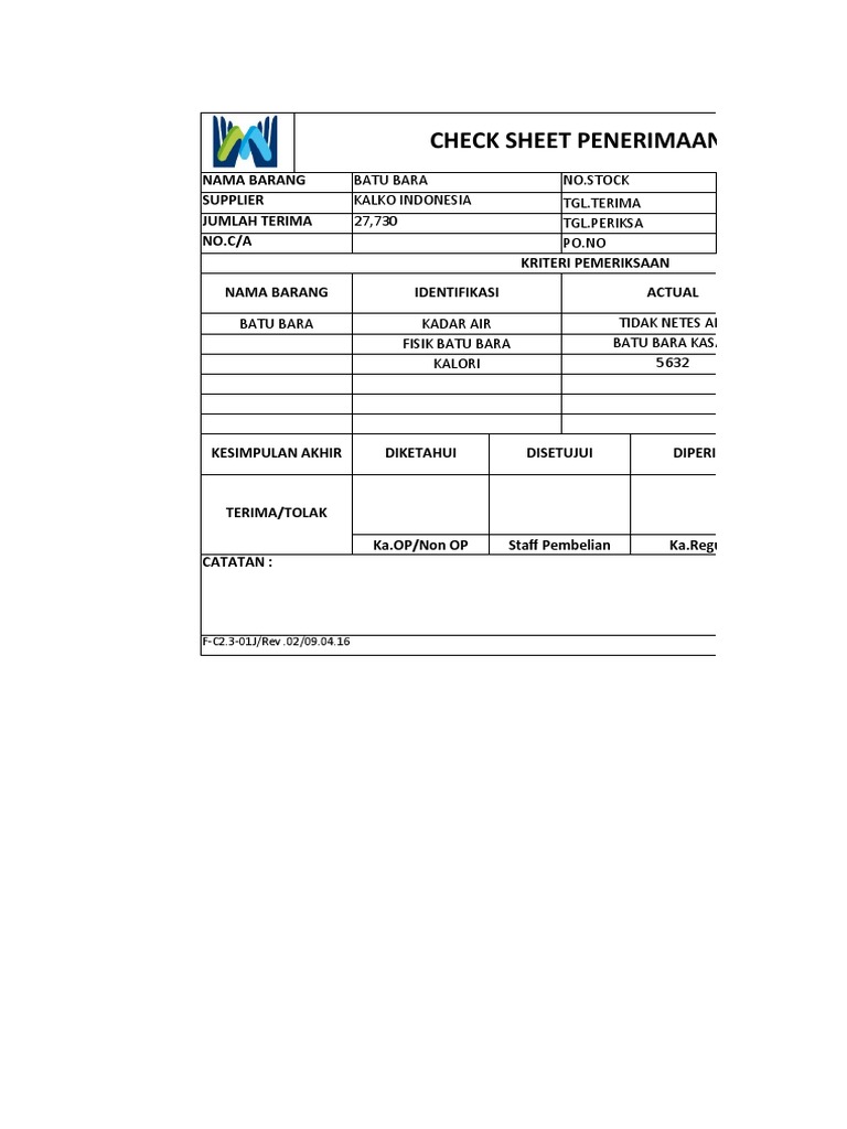 Check Sheet Batubara | PDF