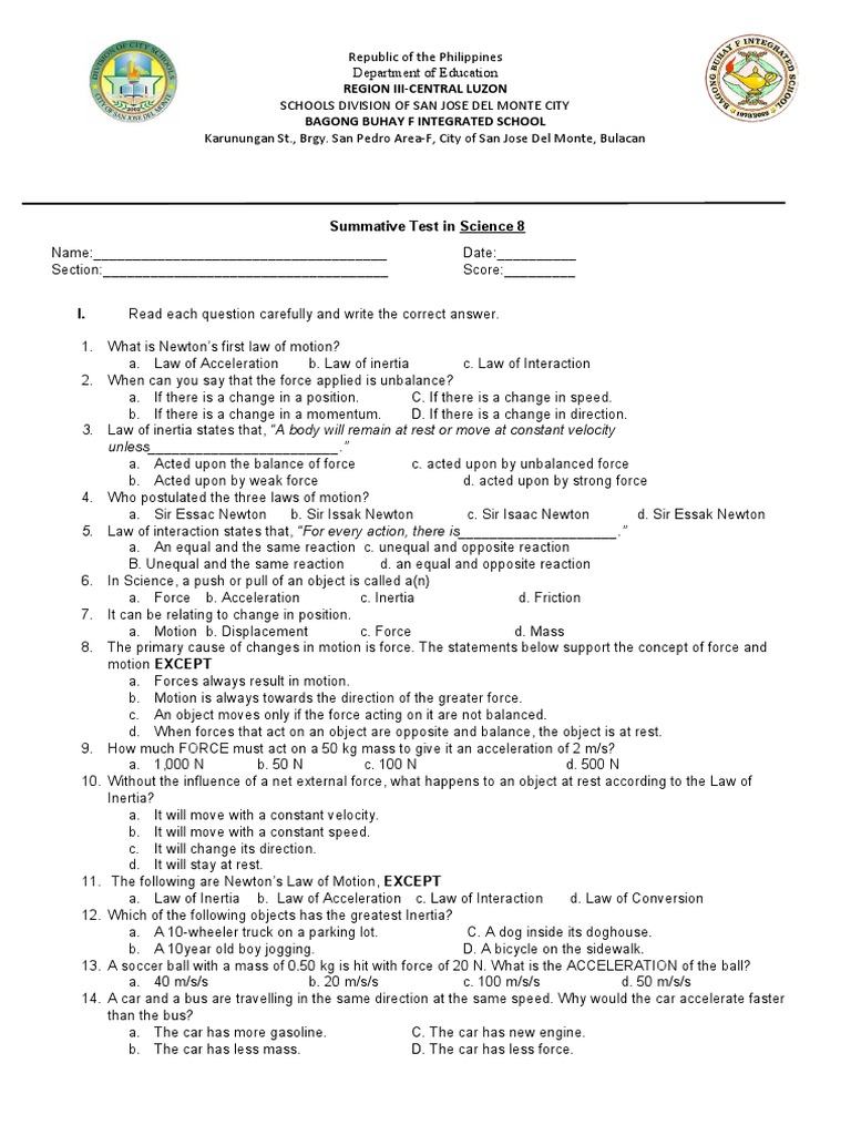 Summative Test in Science 8 on Forces, Motion, Energy, Sound Waves and ...