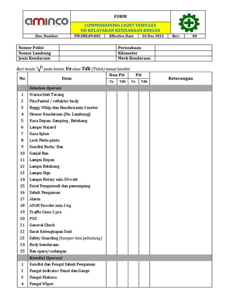 FM - SHE.09.002 Commissioning Light Vehicles | PDF