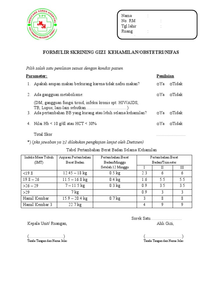 Formulir Skrining Gizi Kehamilan | PDF