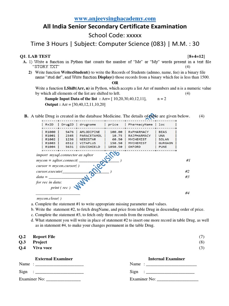 AISSCE Computer Science PRACTICALS QP 3 | PDF | Information Technology ...