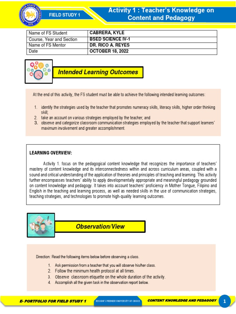 Activity 1 - Cabrera - Kyle - BSEd Science | PDF | Learning | Teachers