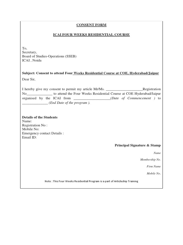 Consent Letter for ICAI Residential Course | PDF