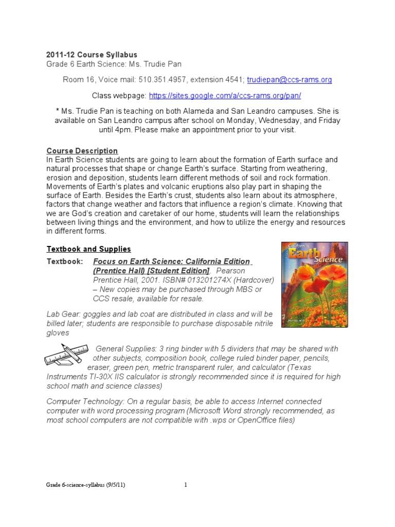 Grade 6 Science Syllabus 2011 PDF Homework Earth