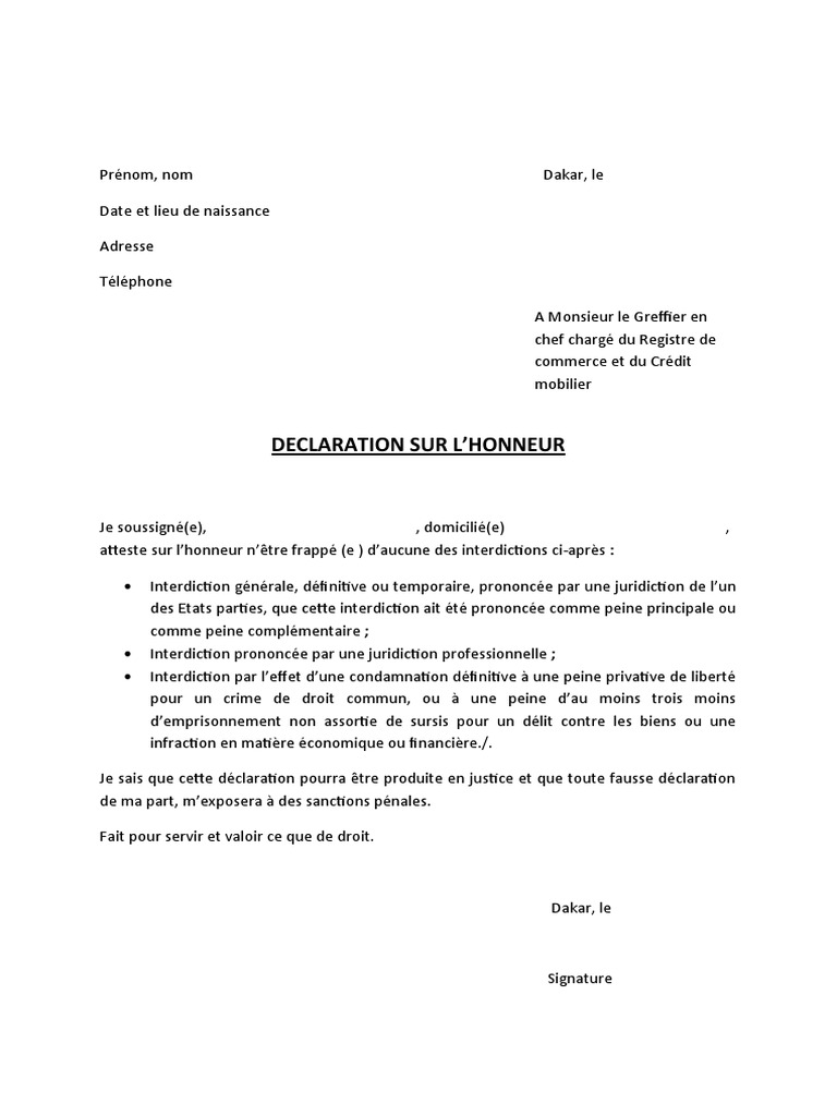 Déclaration sur l'honneur à valoir | PDF | Droit