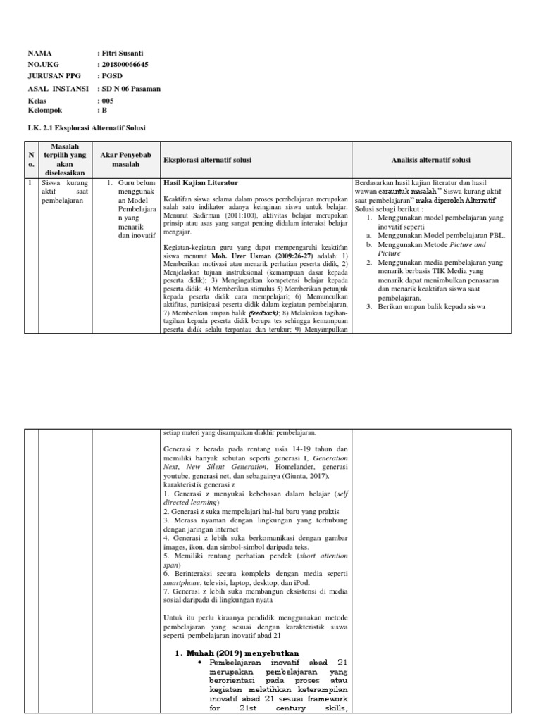 LK 2.1 Eksplorasi Alternatif Solusi - Oleh Fitri Susanti | PDF | Karier ...