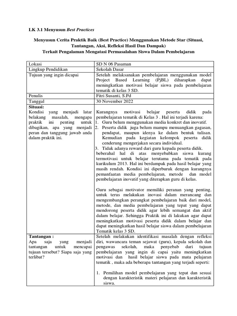 LK 3.1 Fitri Susanti Menyusun Best Practices | PDF | Karier ...