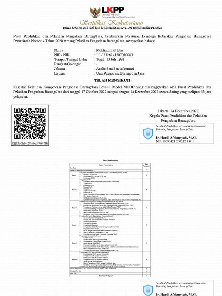 Pelatihan Kompetensi PBJP Level 1 Model MOOC Uji Coba 2-Unduh Sertifikat Keikutsertaan Pelatihan ...