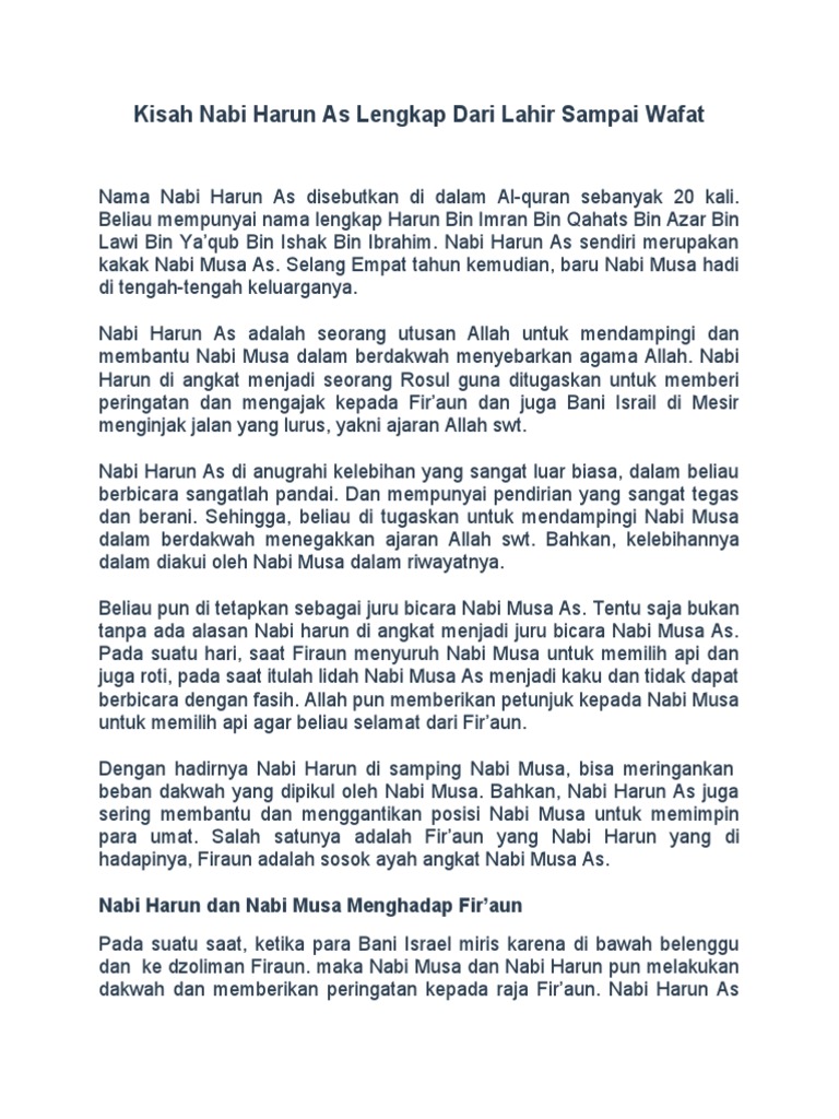 Kisah Nabi Harun As Lengkap Dari Lahir Sampai Wafat | PDF