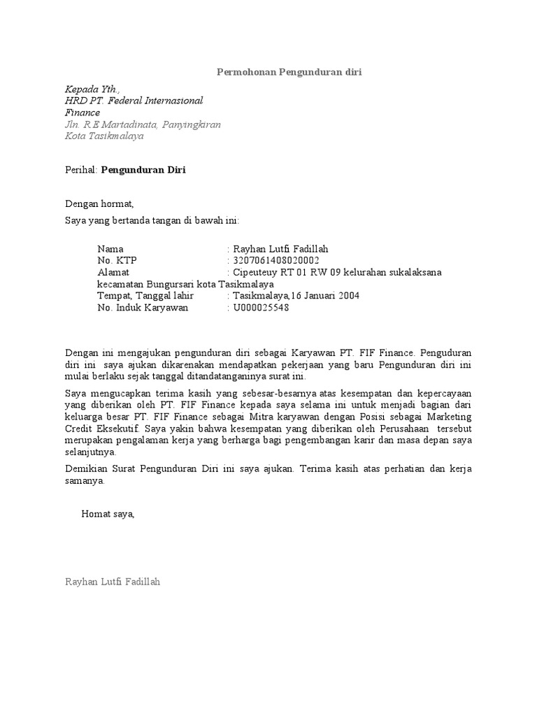 Contoh Surat Pengunduran Diri Karyawan | PDF