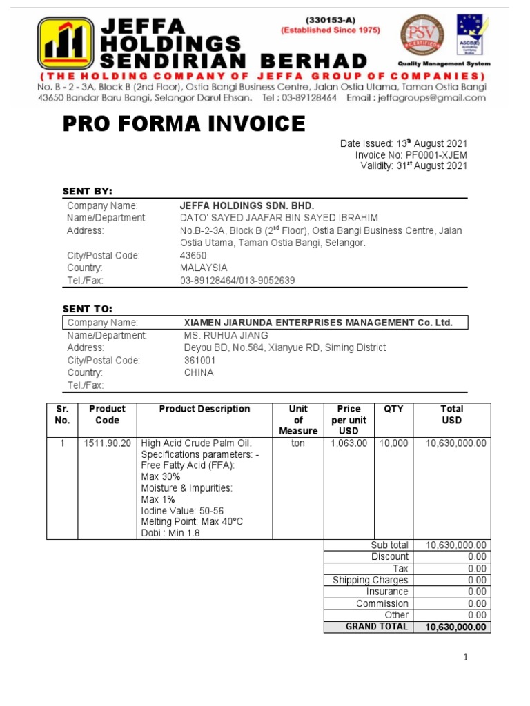 Pro Forma Invoice - 0001 | PDF | Bill Of Lading | Trade