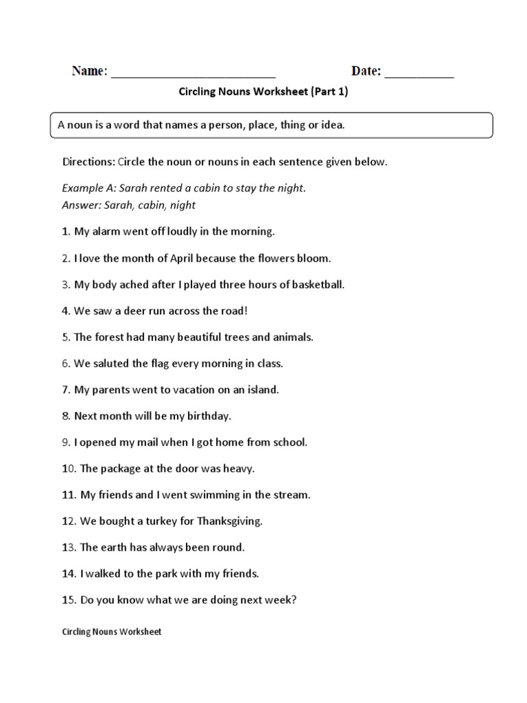 Noun Circling Worksheet for Class 1 | PDF