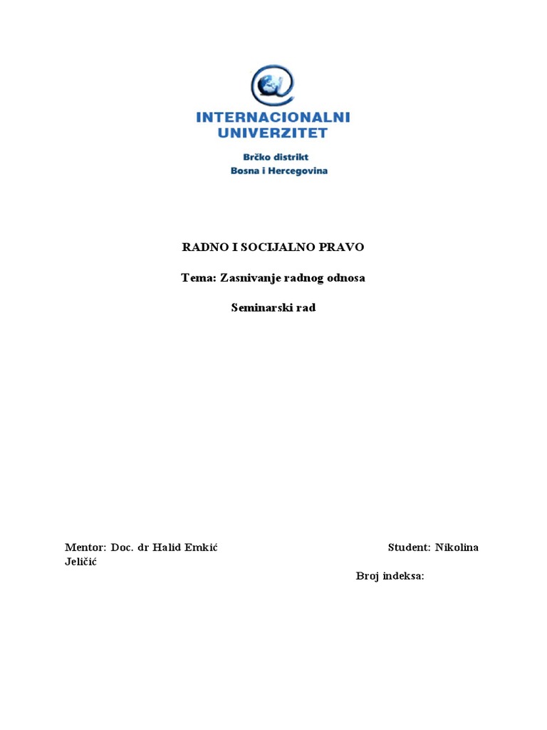Radno I Socijalno Pravo Seminarski | PDF