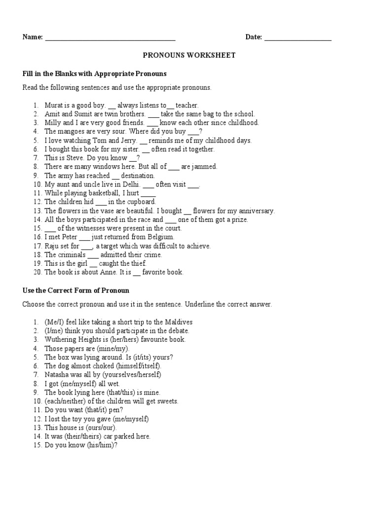 Pronouns Worksheet | PDF